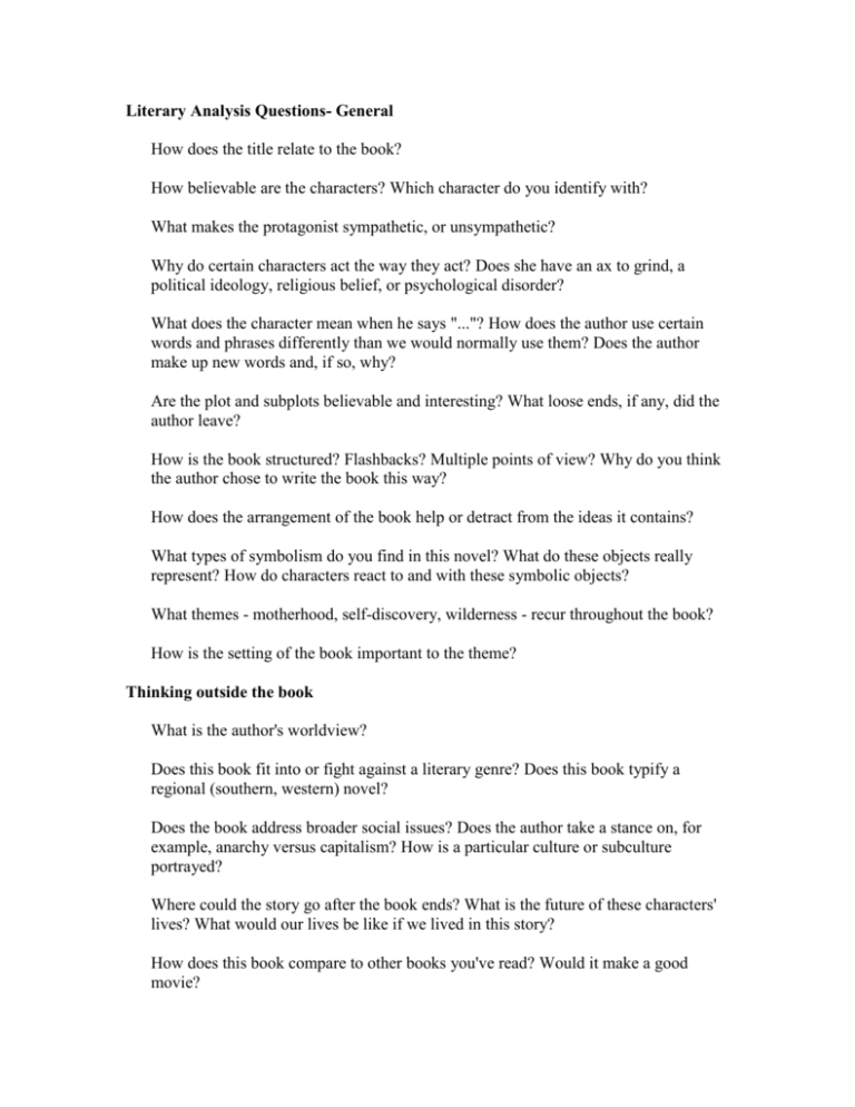Literary Analysis Questions Literary Analysis Questions