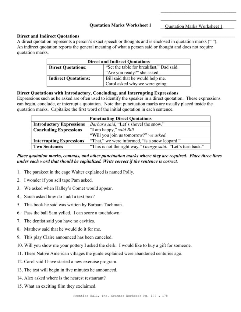 Quotation Marks Worksheet 1