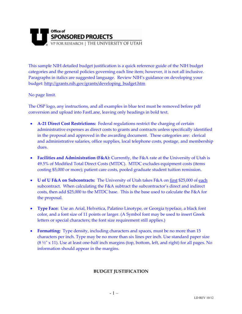 SAMPLE BUDGET JUSTIFICATION Office Of Sponsored Projects