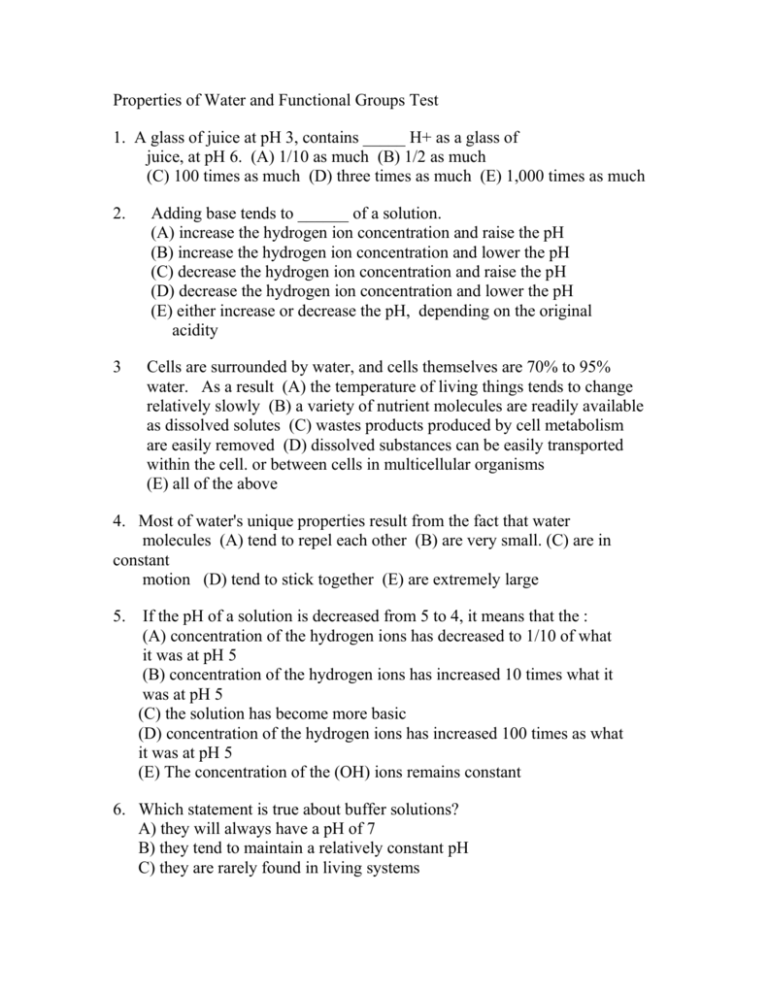 Properties Of Water And Functional Groups Test