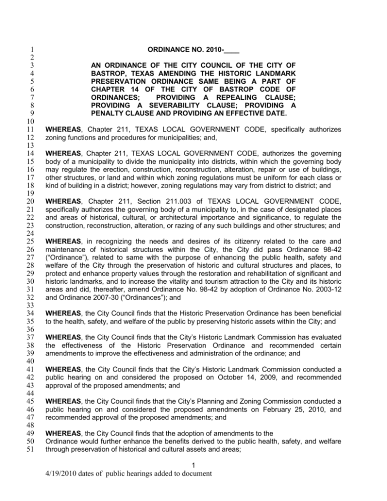 ORDINANCE NO City Of Bastrop ORDINANCE NO City Of Bastrop