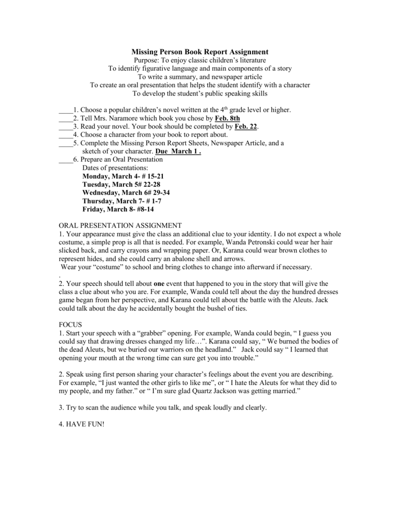 Missing Person Book Report Assignment