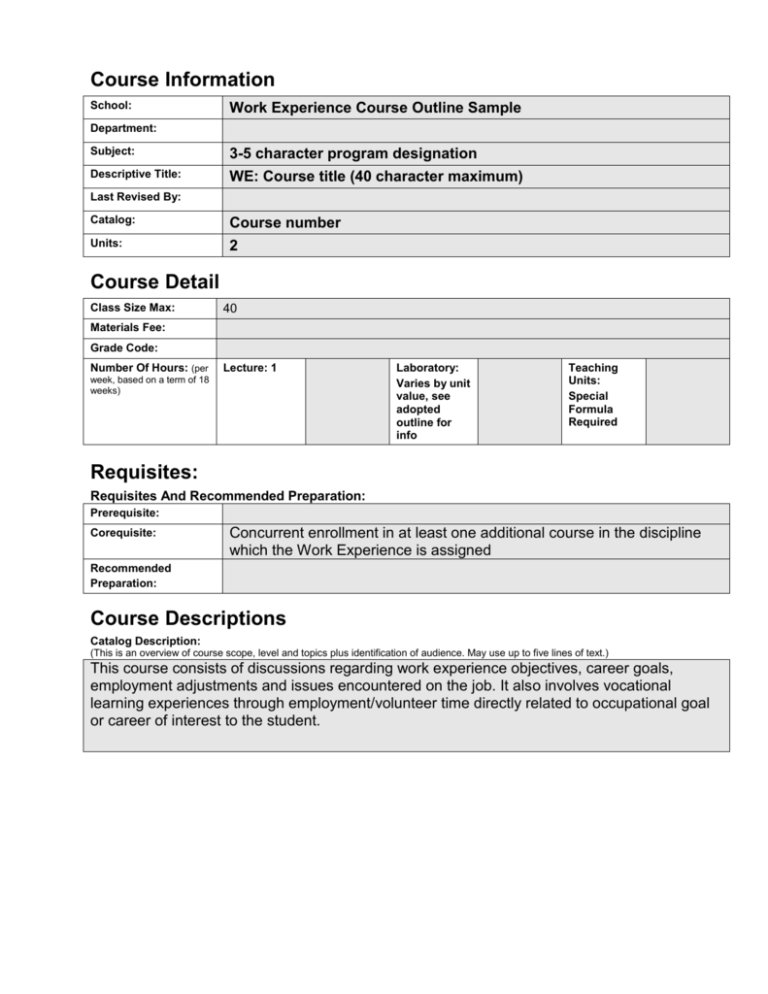 Work Experience Course Outline Sample Work Experience Course Outline Sample