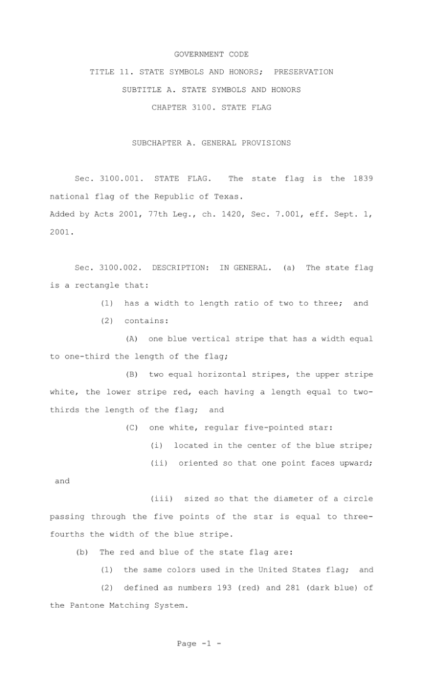 GOVERNMENT CODE TITLE 11. STATE SYMBOLS AND HONORS