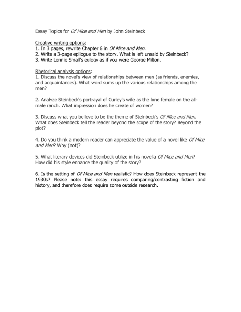 Essay Topics For Of Mice And Men By John Steinbeck