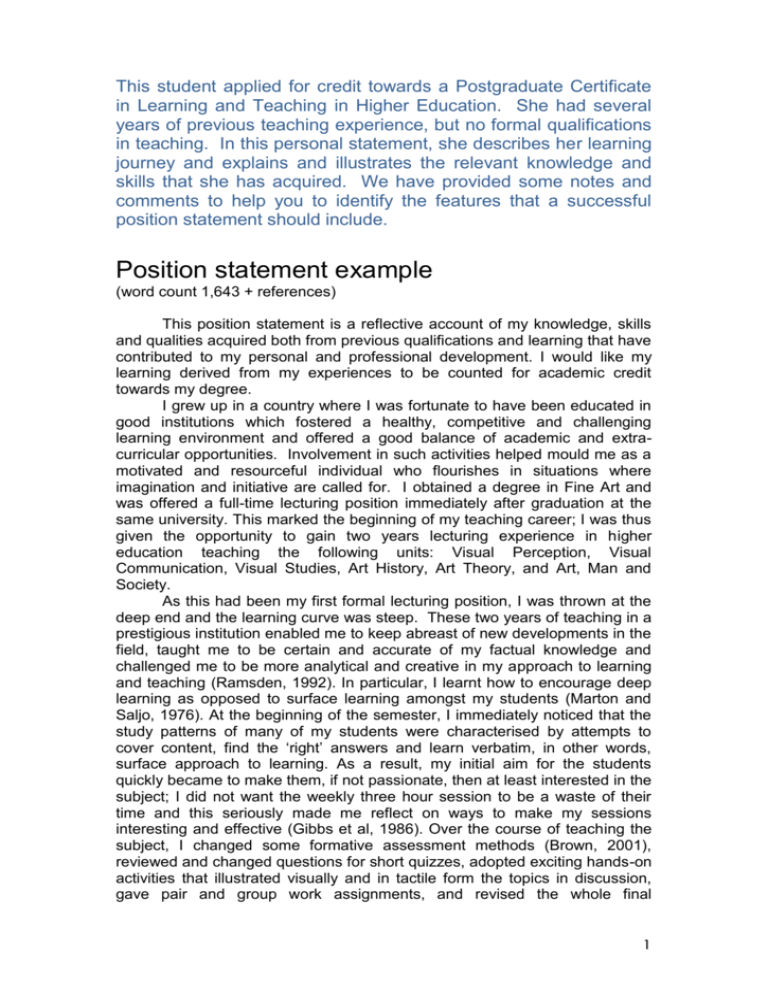 Position Statement Example University Of East London
