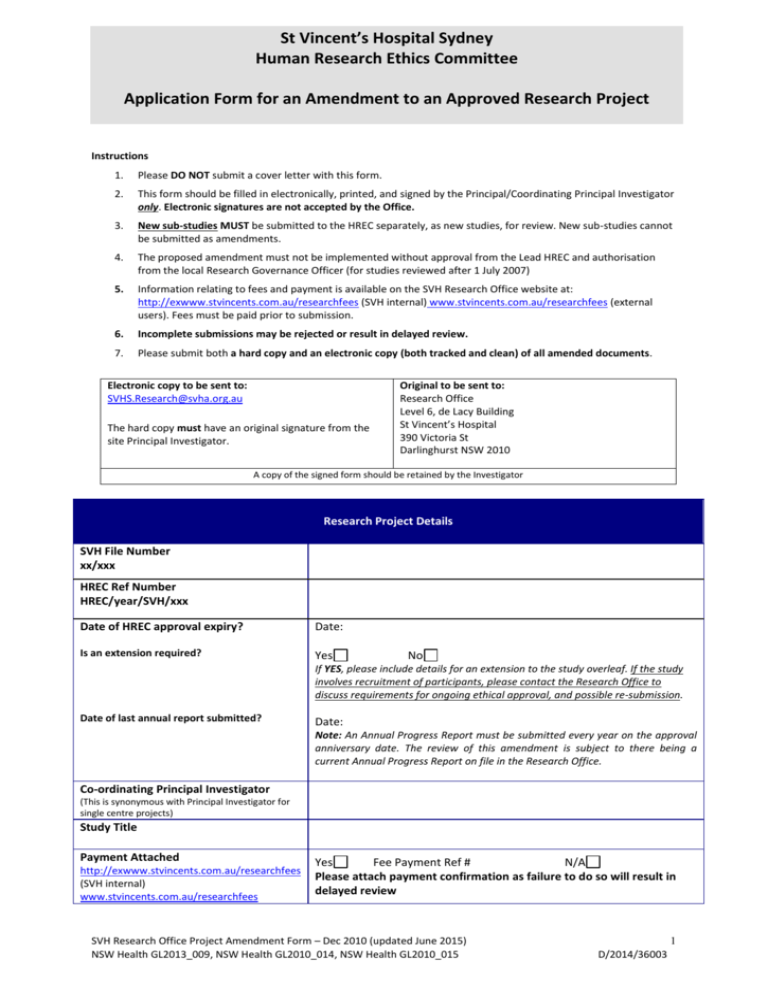 Research Amendment Application - St Vincent's Hospital