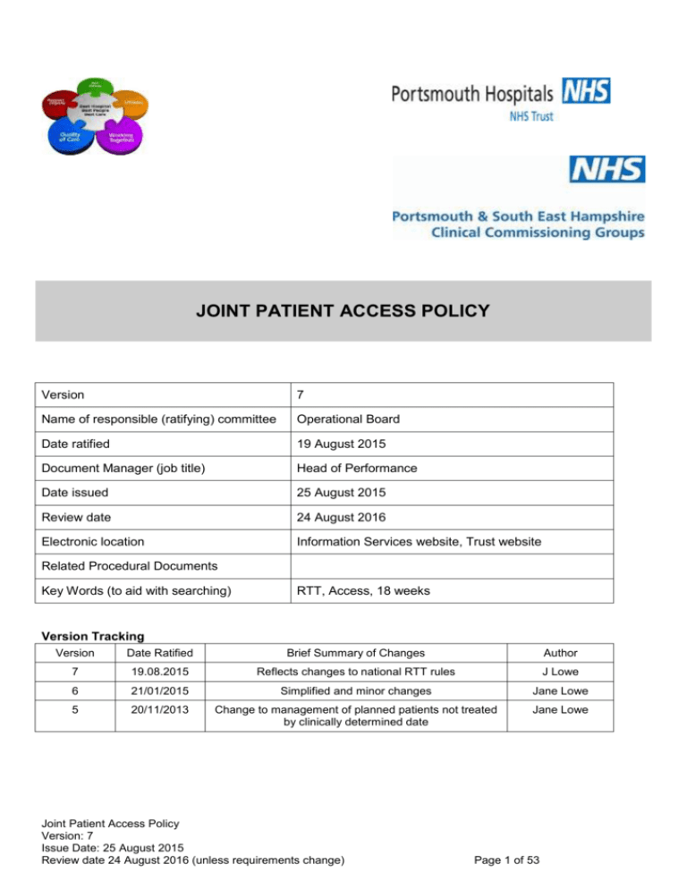 Joint Patient Access Policy - Portsmouth Hospitals Trust
