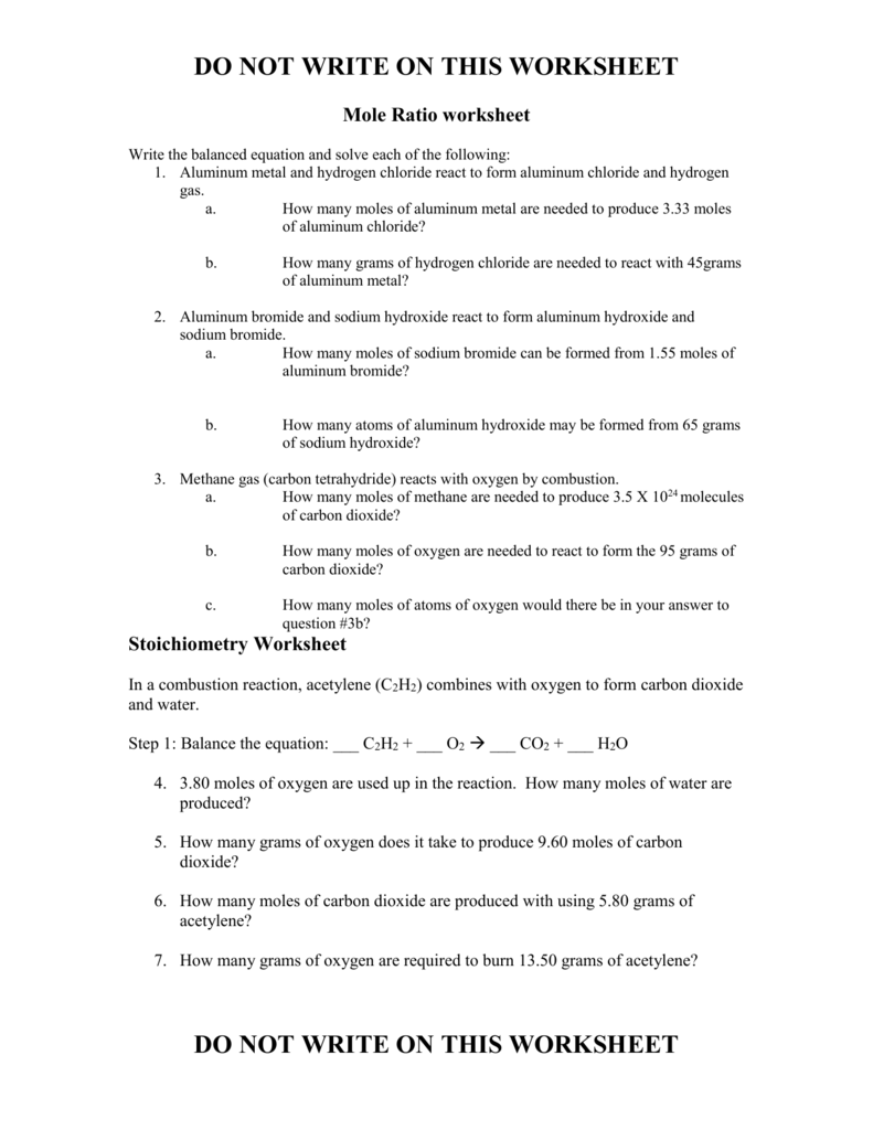 Mole Ratio Worksheet Mole Ratio Worksheet