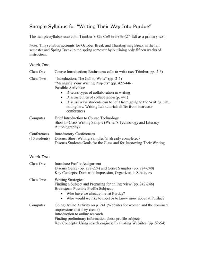 Sample Syllabus Using Trimbur`s Call to Write