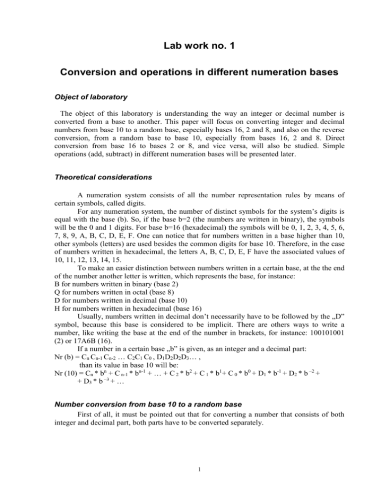 Conversion And Operations In Different Numeration Bases