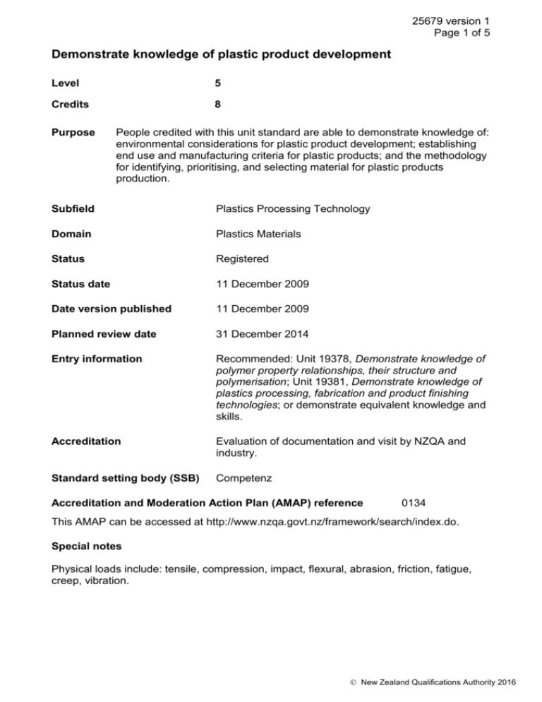 25679 Demonstrate knowledge of plastic product development