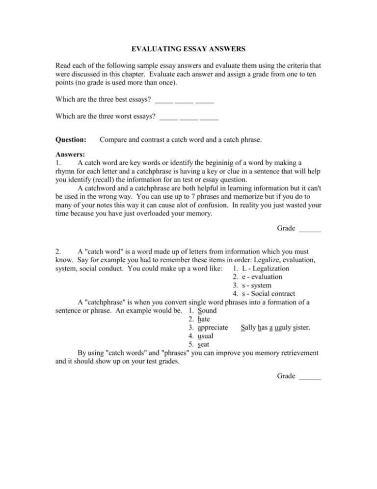 ACTIVITY 14 EVALUATING ESSAY ANSWERS ACTIVITY 14 EVALUATING ESSAY ANSWERS