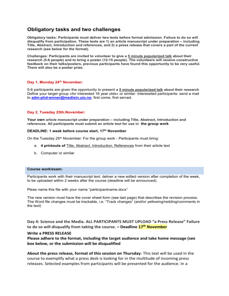description of the tasks and the challenges