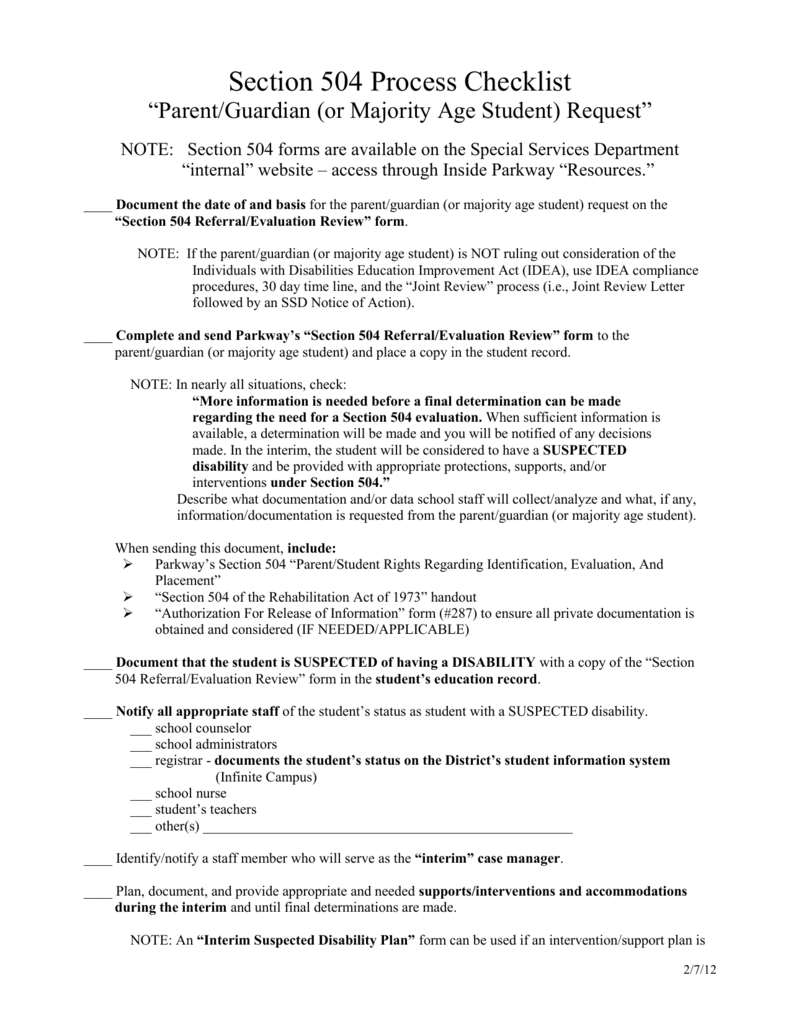 Section 504 Process Checklist - Parkway C-2