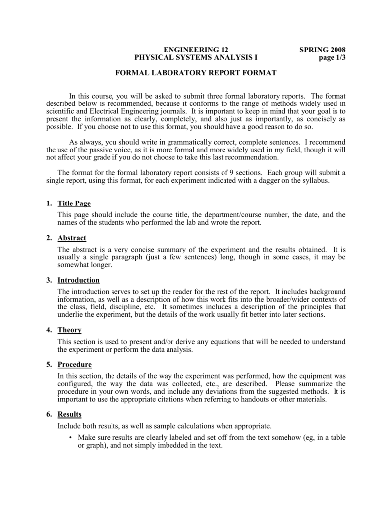 Formal Laboratory Report Format