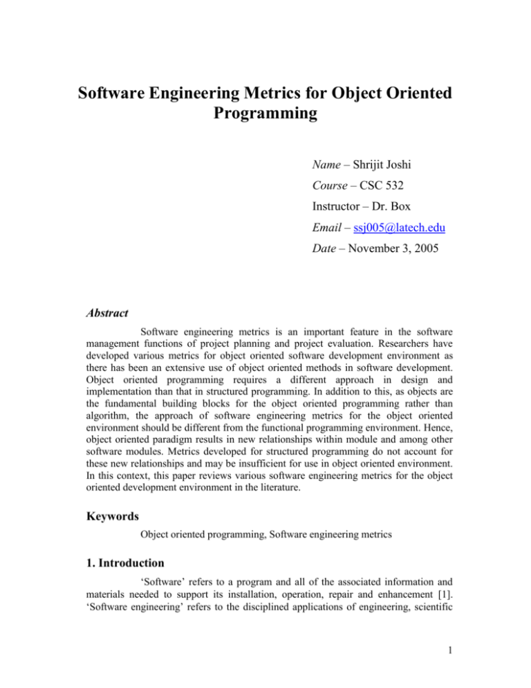 Software Engineering Metric For Object Oriented Programming