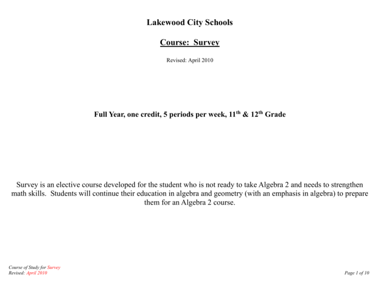Survey Algebra Lakewood City Schools