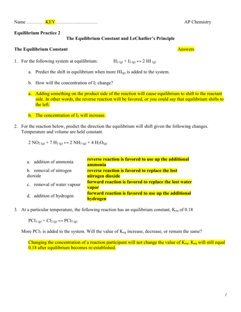 Equilibrium & Le Chatelier's Principle Practice Worksheet