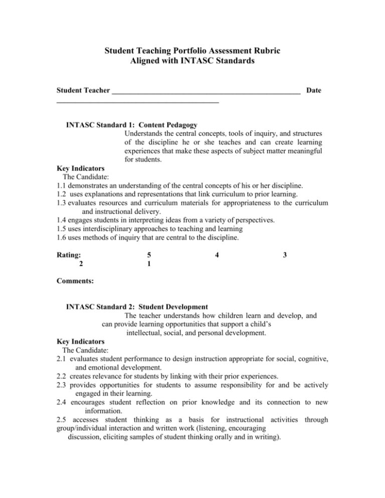 Student Teaching Portfolio Assessment Rubric Student Teaching Portfolio Assessment Rubric