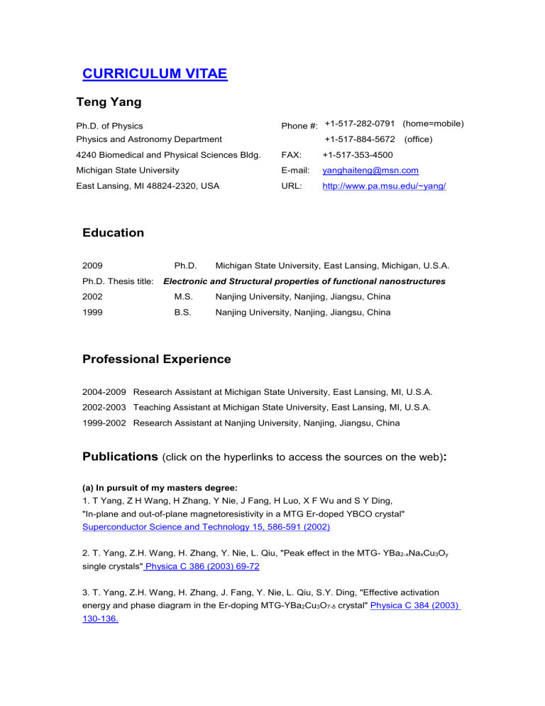 CURRICULUM VITAE MSU Department Of Physics And Astronomy CURRICULUM VITAE MSU Department Of Physics And Astronomy