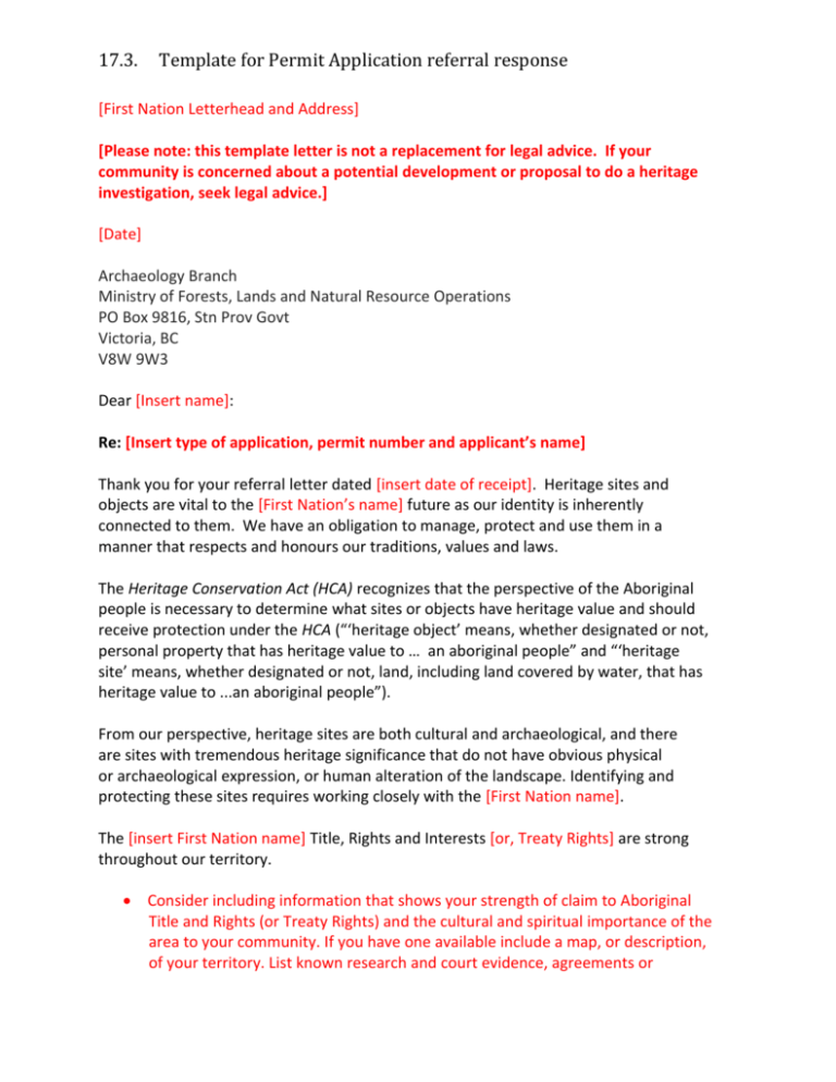 17.3. Template for Permit Application referral response 60