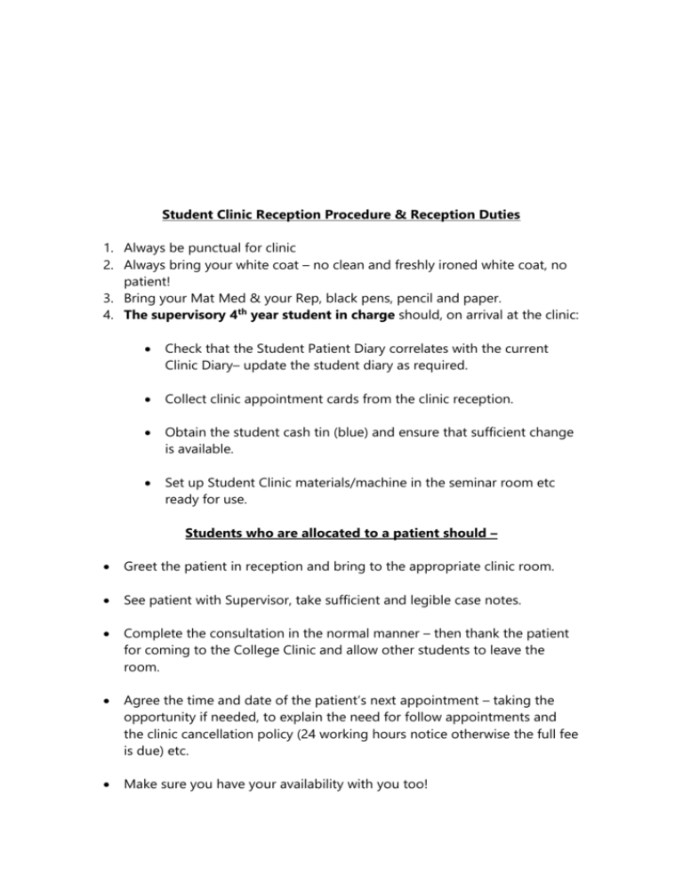 Student Clinic Reception Procedure & Reception Duties