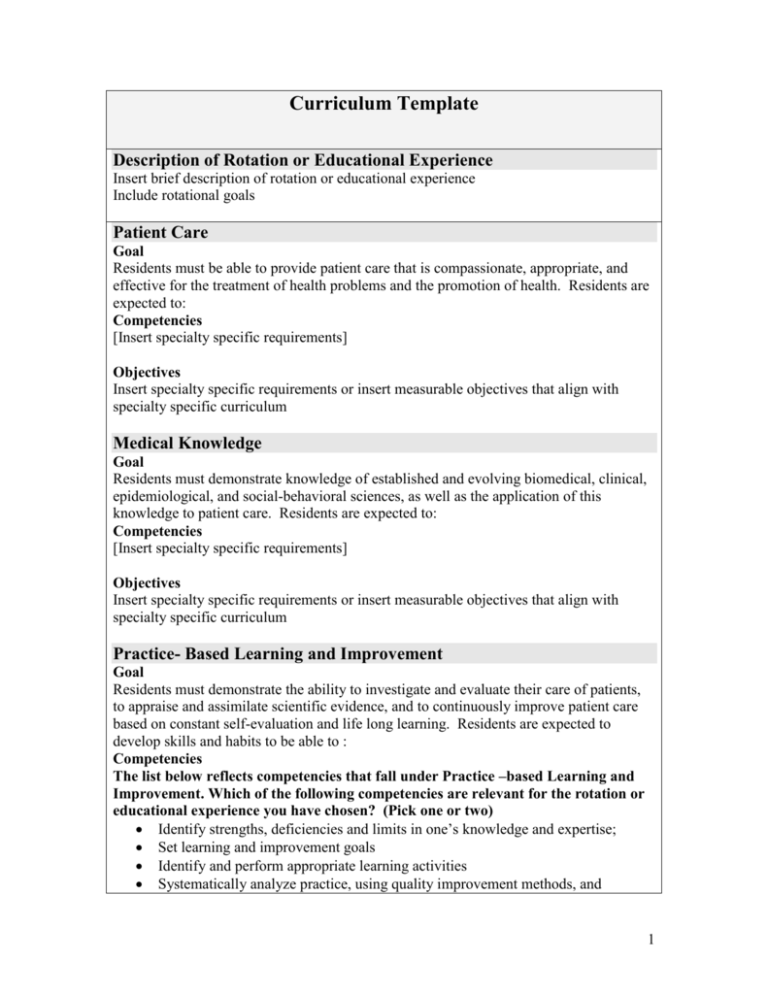 Curriculum Template (Core Competency format)