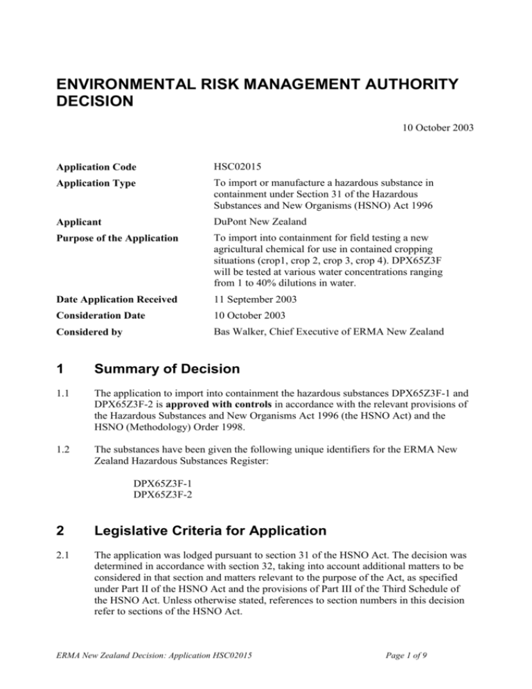 environmental risk management authority decision