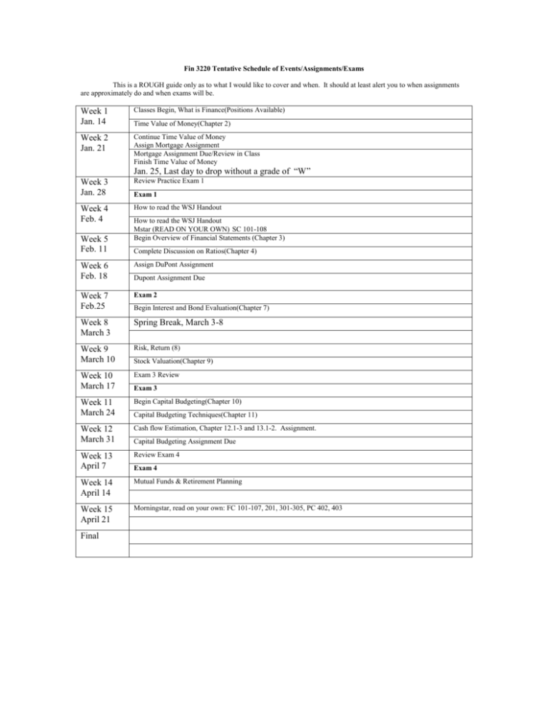 Fin 330 Tentative Schedule Of Events Assignments Exams