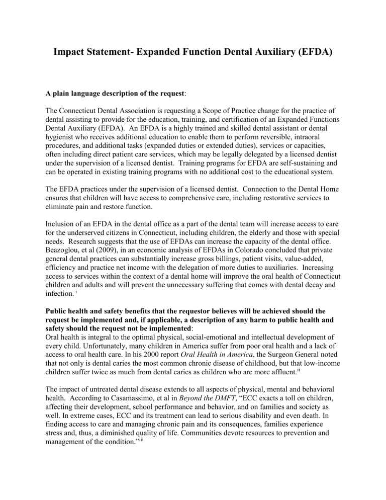 Impact Statement- Expanded Function Dental Auxiliary (EFDA) Impact Statement- Expanded Function Dental Auxiliary (EFDA)