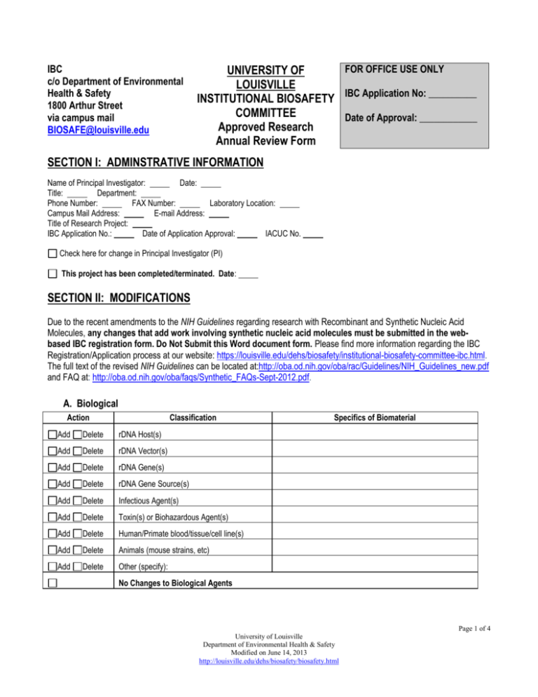 IBC Approved Research Annual Review Form Word IBC Approved Research Annual Review Form Word