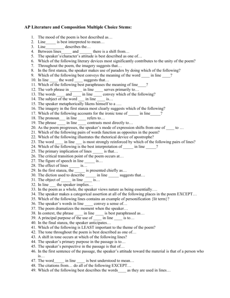 AP Literature And Composition Multiple Choice Stems AP Literature And Composition Multiple Choice Stems