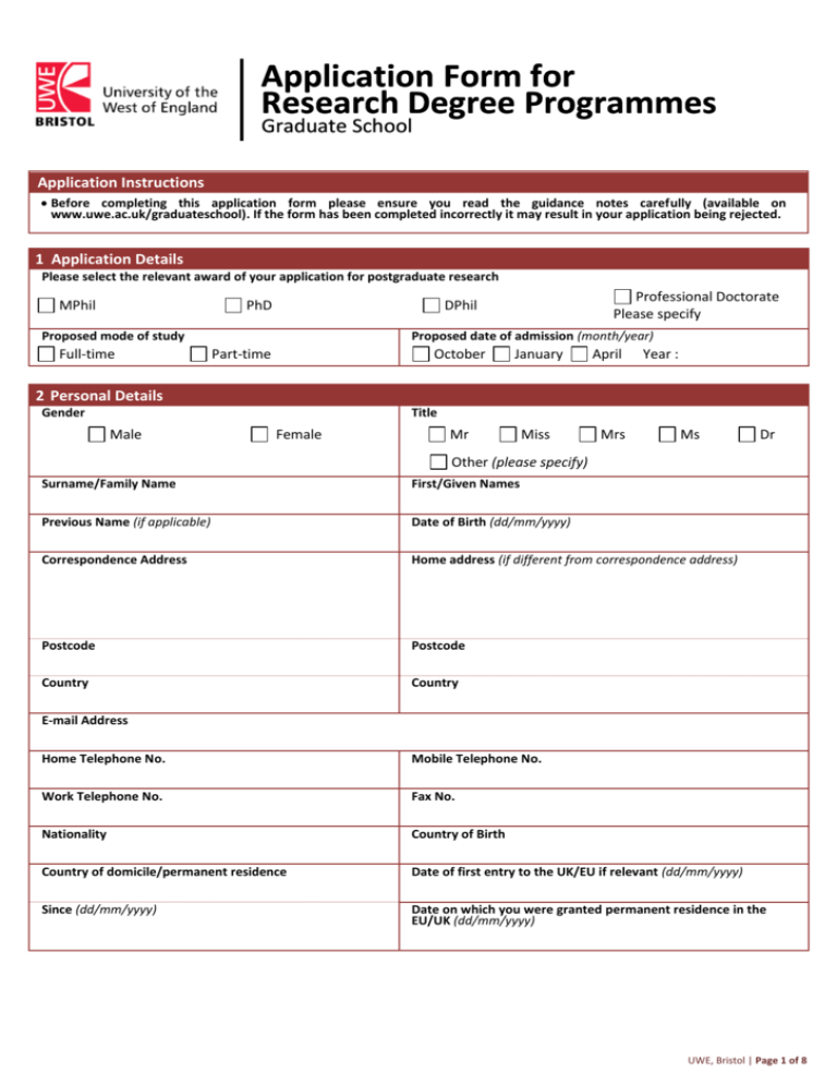 Application Form University Of The West Of England Application Form University Of The West Of England