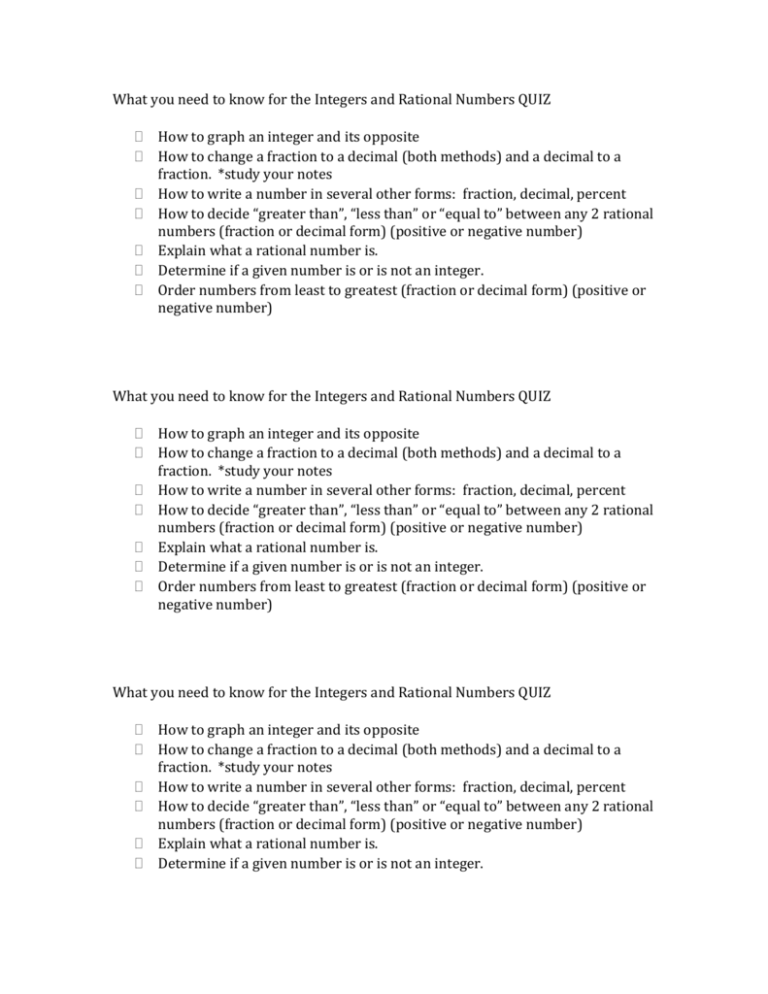 Integers And Rational Numbers Quiz Study Guide Integers And Rational Numbers Quiz Study Guide