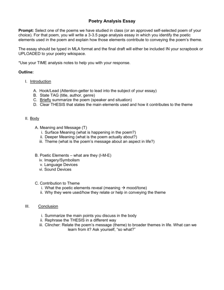 Poetry Analysis Essay Outline Elements Theme