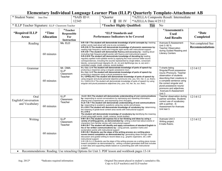 TUSD Language Acquisition Sample 1st Grade Individual