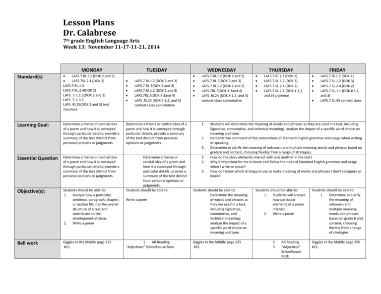 Lesson Plans Dr Calabrese 7th Grade English Language Arts Week Lesson Plans Dr Calabrese 7th Grade English Language Arts Week