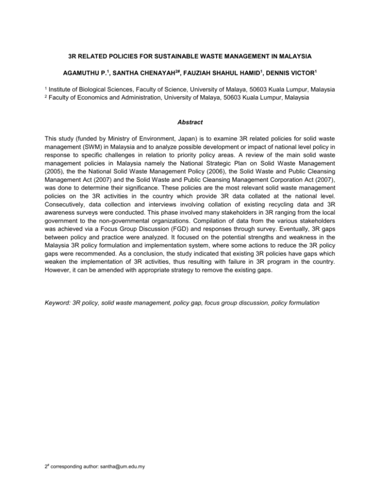 3R Policies for Sustainable Waste Management in Malaysia