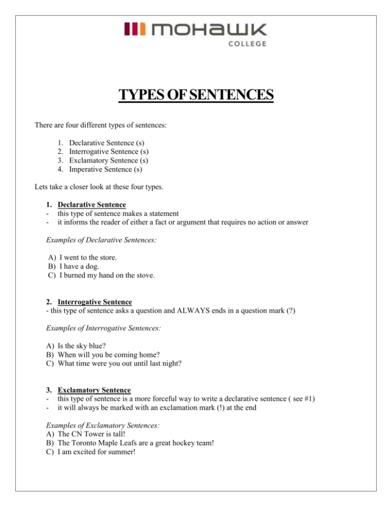 Types Of Sentences Declarative Interrogative Exclamatory Imperative Types Of Sentences Declarative Interrogative Exclamatory Imperative