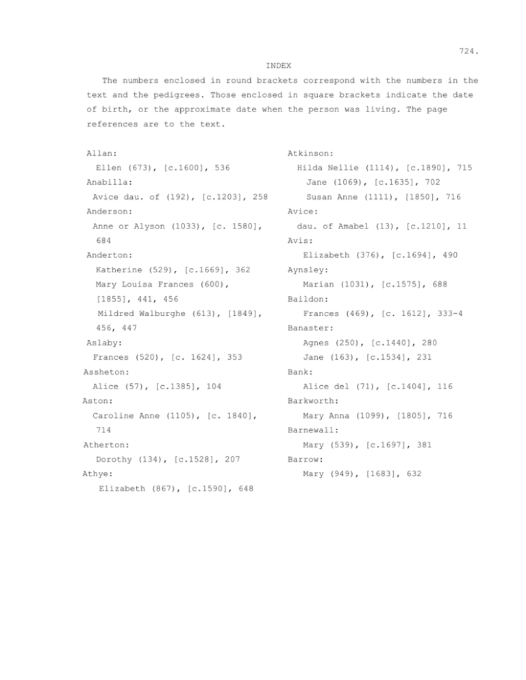 Genealogy Index: Names, Dates, and Page References
