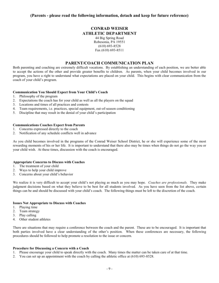PARENT/COACH COMMUNICATION PLAN