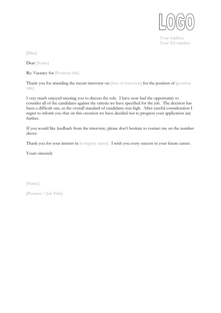 Letter To Unsuccessful Applicant following Interview 