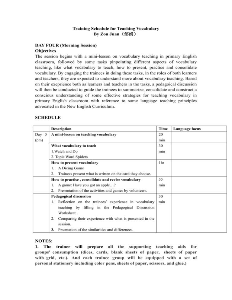 Training Schedule For Teaching Vocabulary