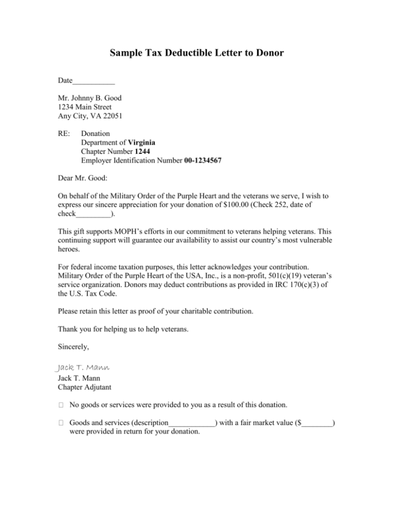 Sample Tax Deductible Letter To Donor