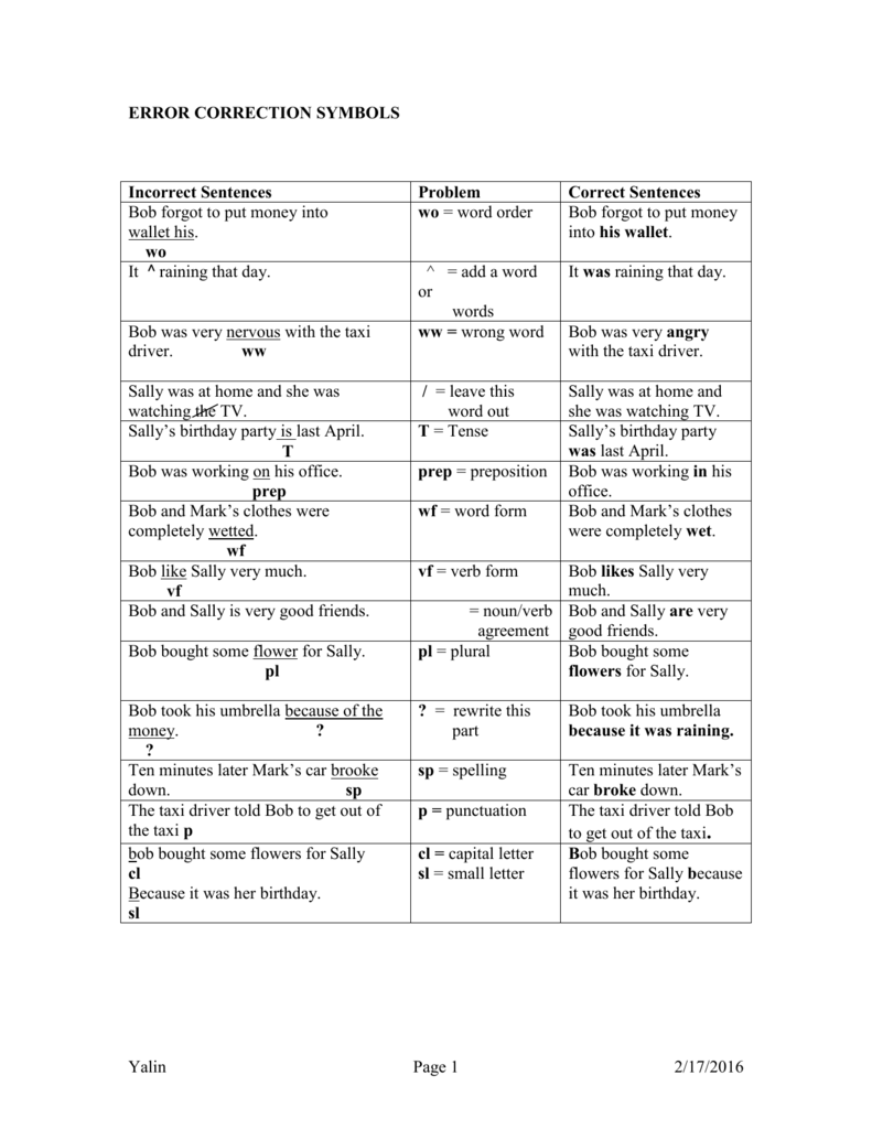 Error Correction Symbols Exercise Answer Key