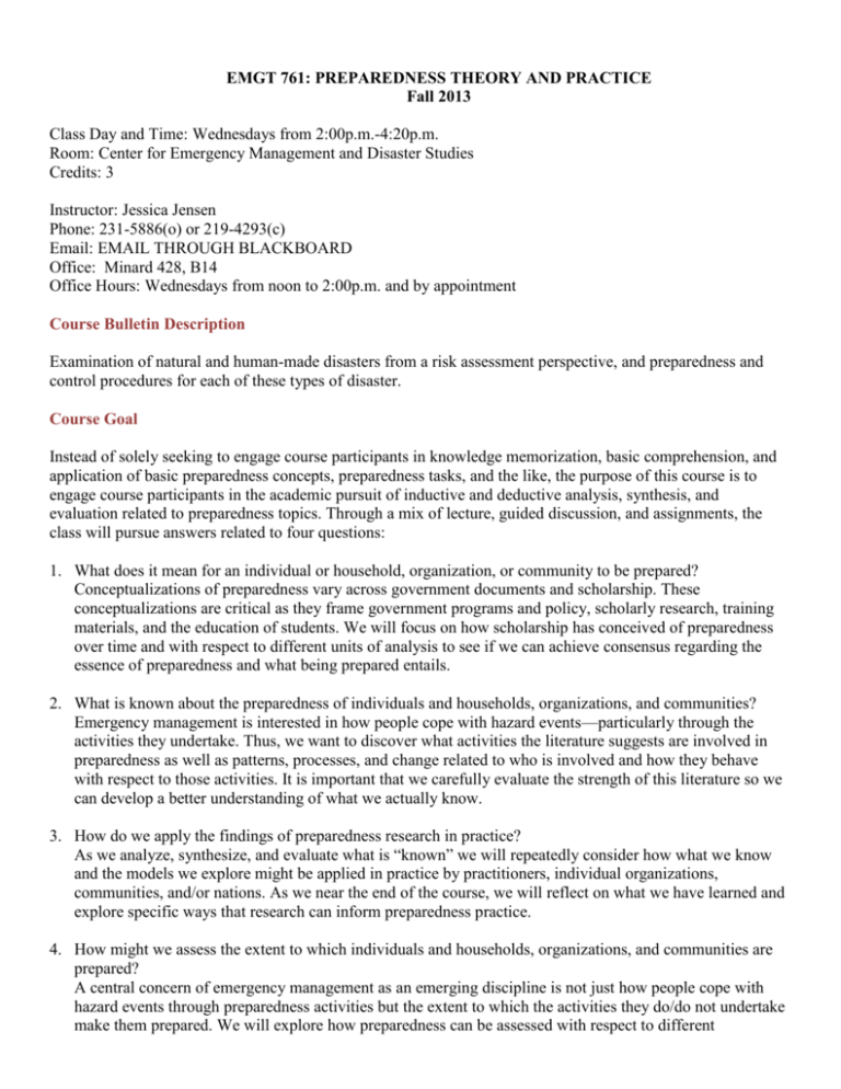 EMGT 761: Preparedness Theory and Practice