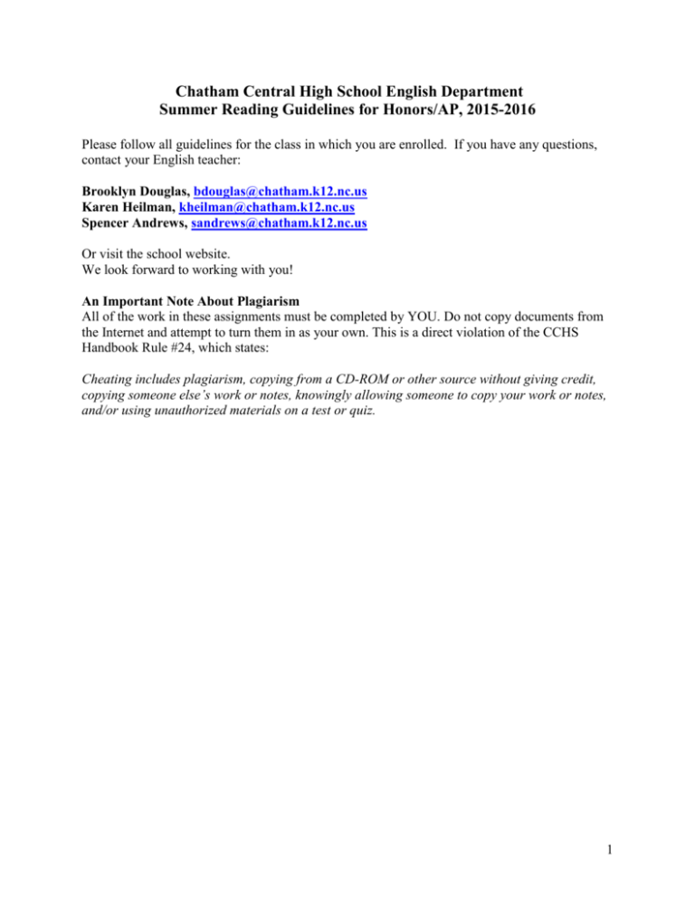 9th Grade Honors Summer Reading Requirements