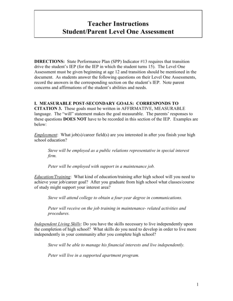 Level One Assessment Student Interest Inventory