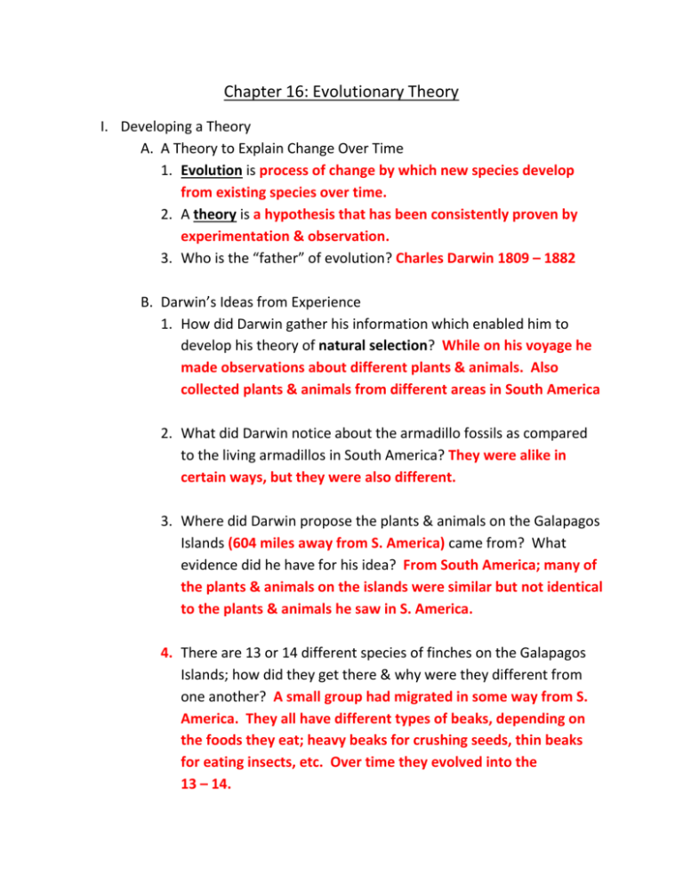 Chapter 16 Evolutionary Theory Developing A Theory A Theory To Chapter 16 Evolutionary Theory Developing A Theory A Theory To